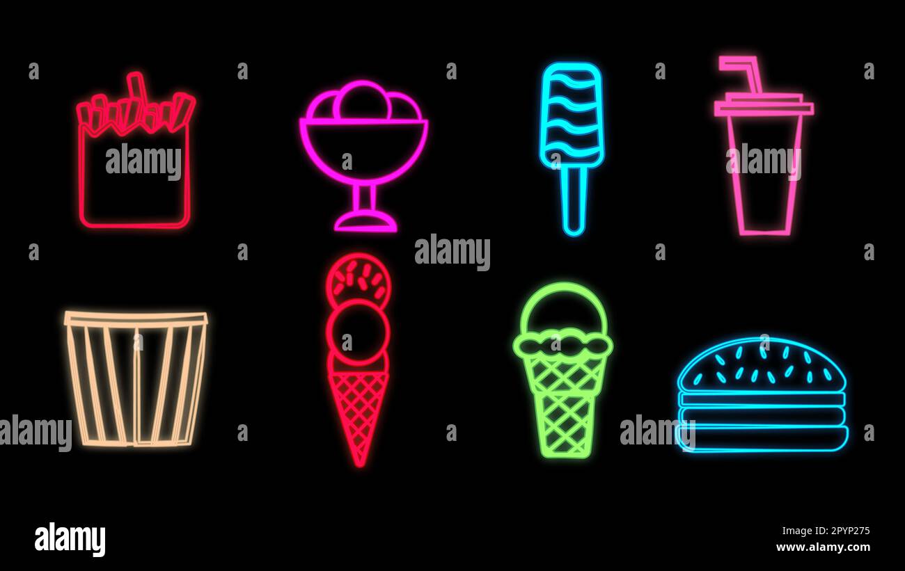 Large set of neon bright glowing delicious sweet food and treats, fast ...