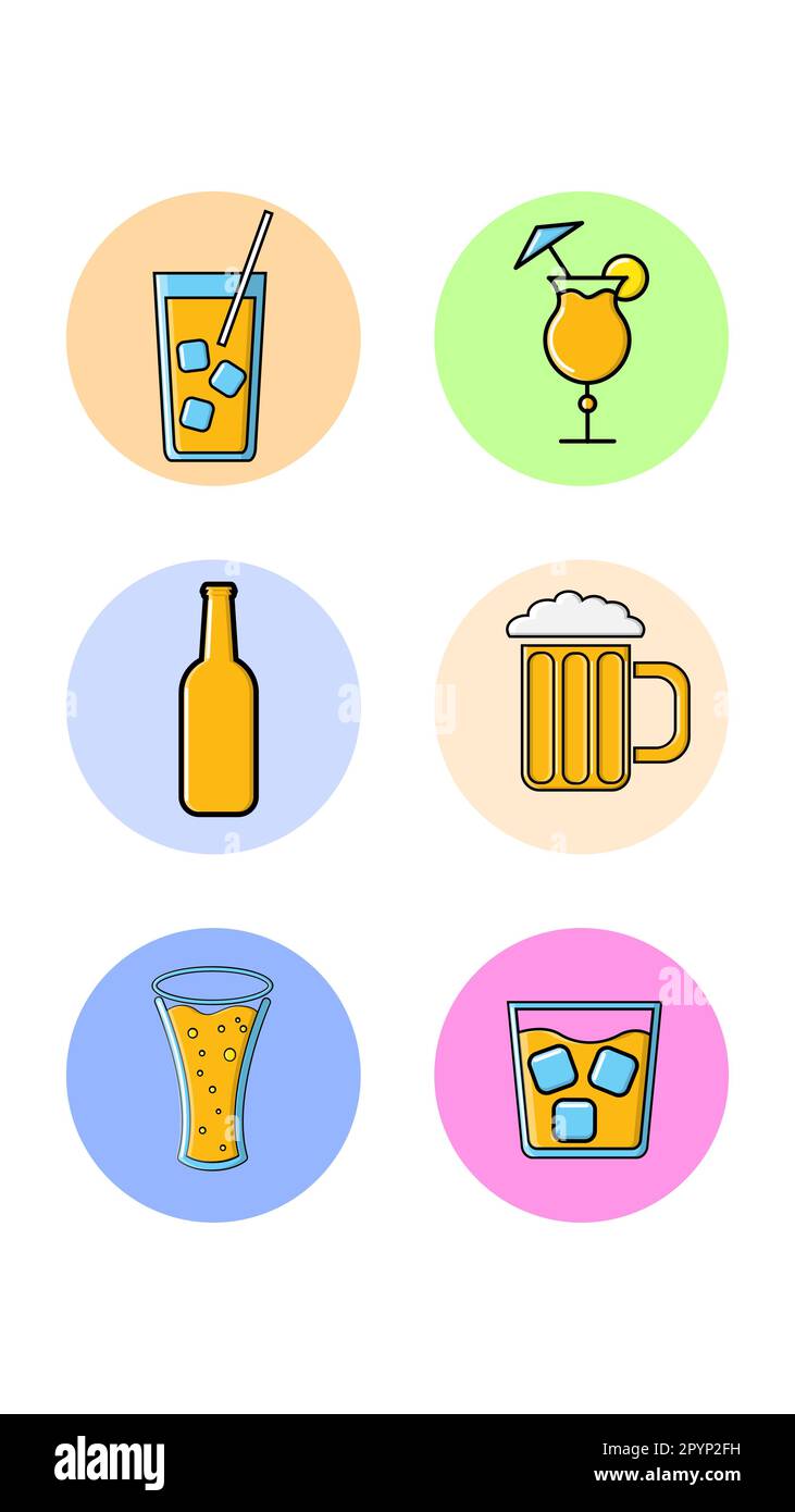 Set of six round icons for trendy with different tasty alcoholic drinks ...