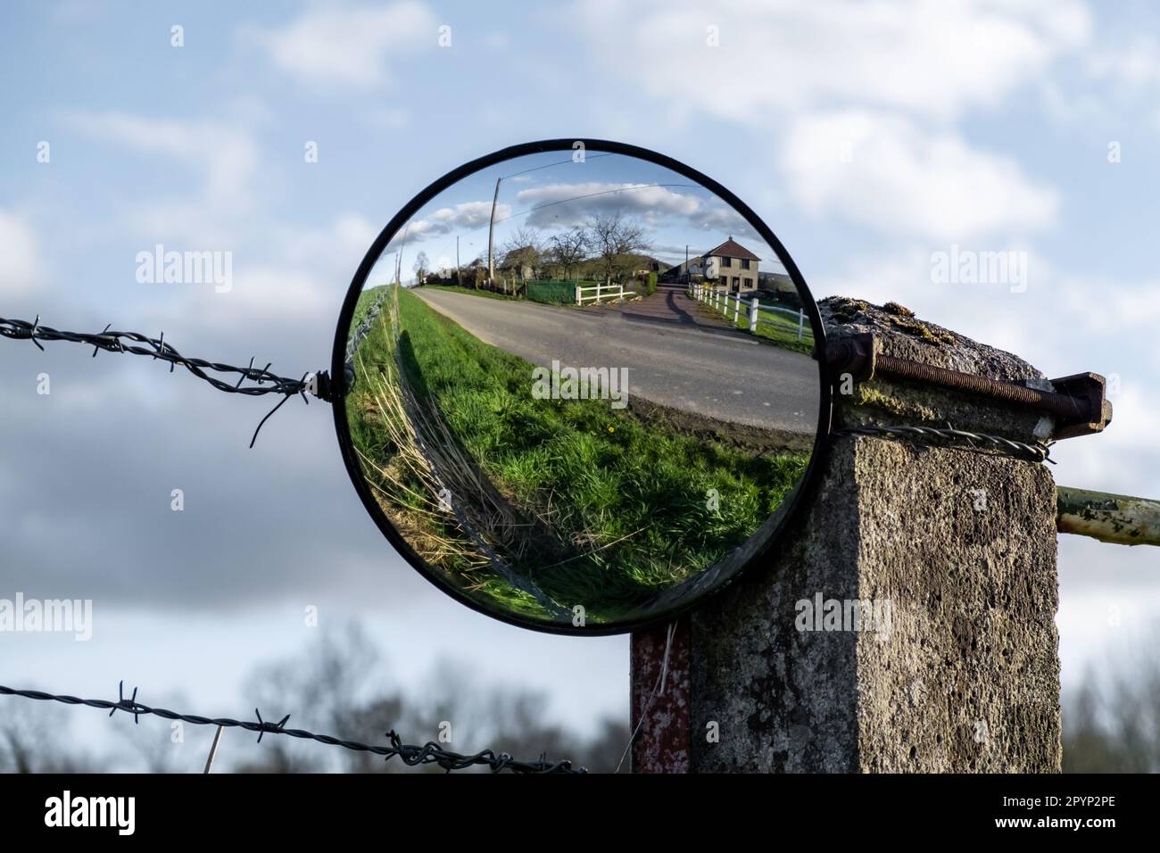 Round road mirror against the sky Stock Photo - Alamy
