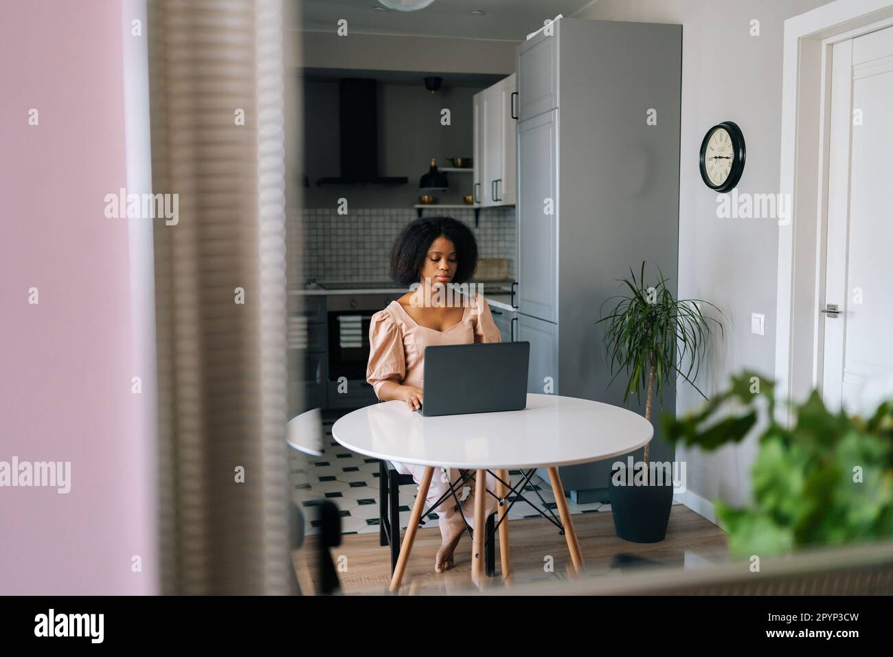 Wide shot of curly African American business woman typing on laptop ...