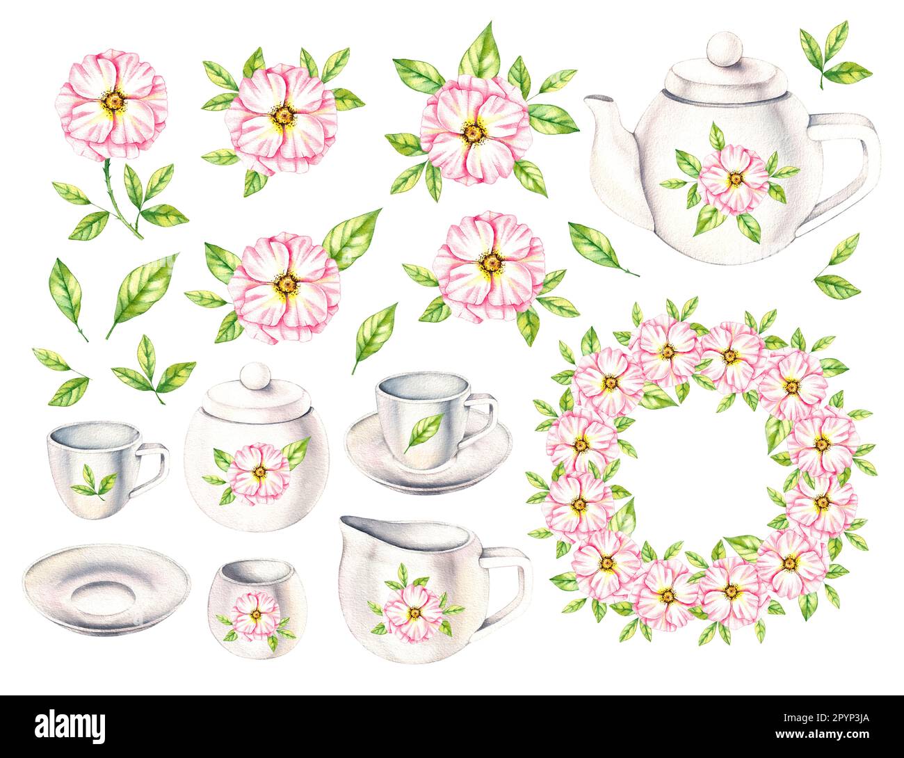 Watercolor set of porcelain tableware set, flowers, bouquets on white ...