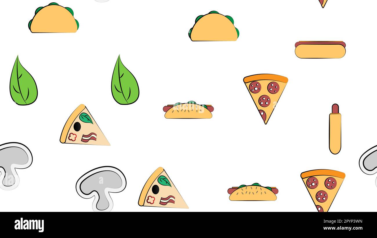 Endless white seamless pattern from a set of icons of delicious food ...