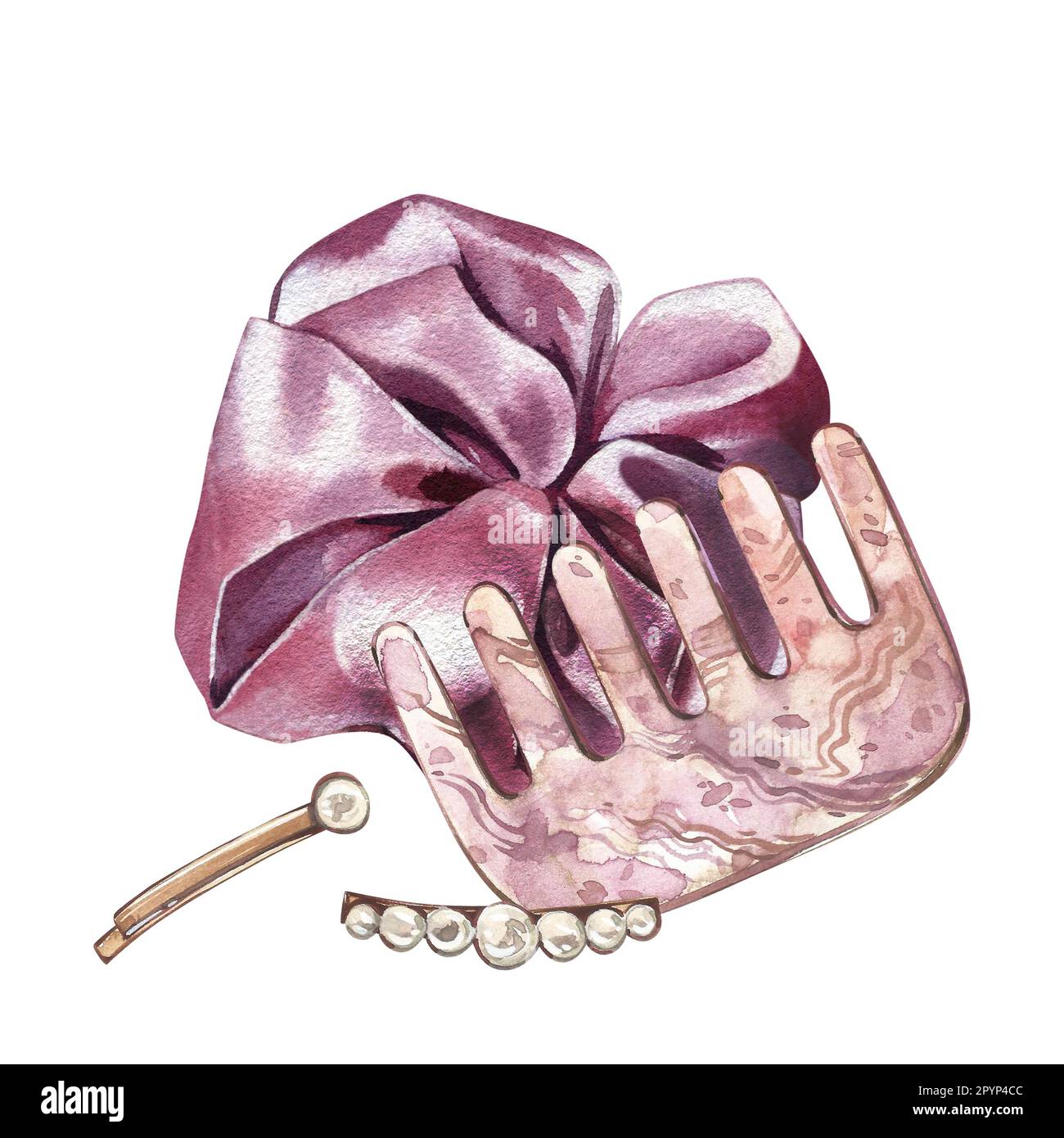 Stone pink massager hair comb gua sha, hair silk bow, hairpin isolated ...