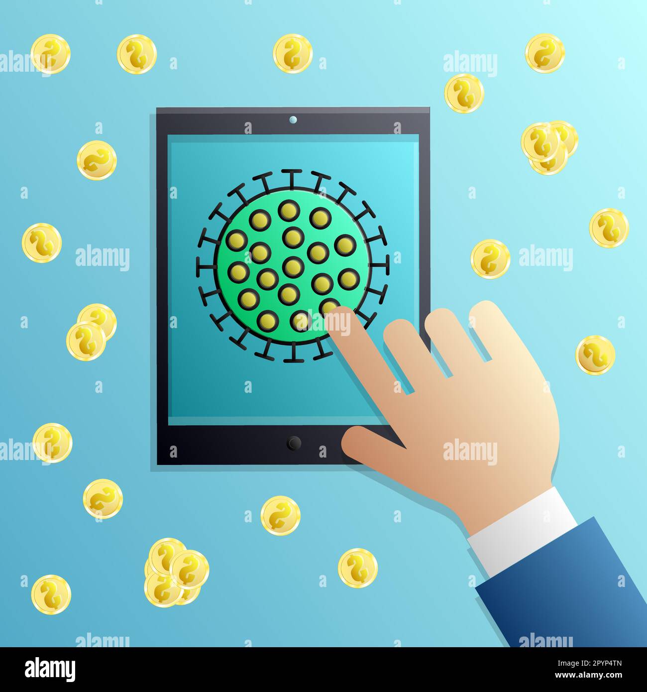 A hand clicks on the icon of the coronovirus covid-19 virus on a ...