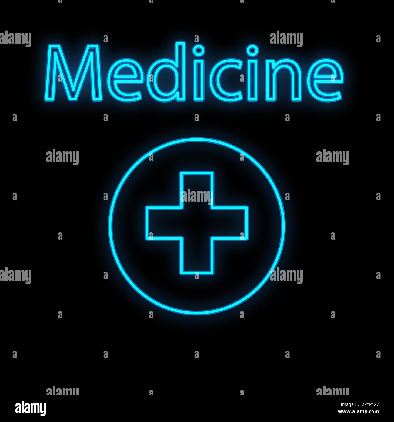 Bright luminous blue medical digital neon sign for a pharmacy or ...