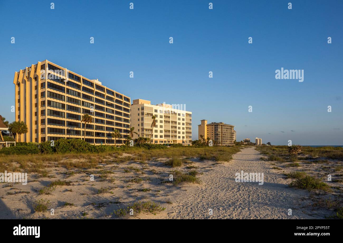 Late afternoon golden light on Condo buildings on the Gulf of Mexico ...