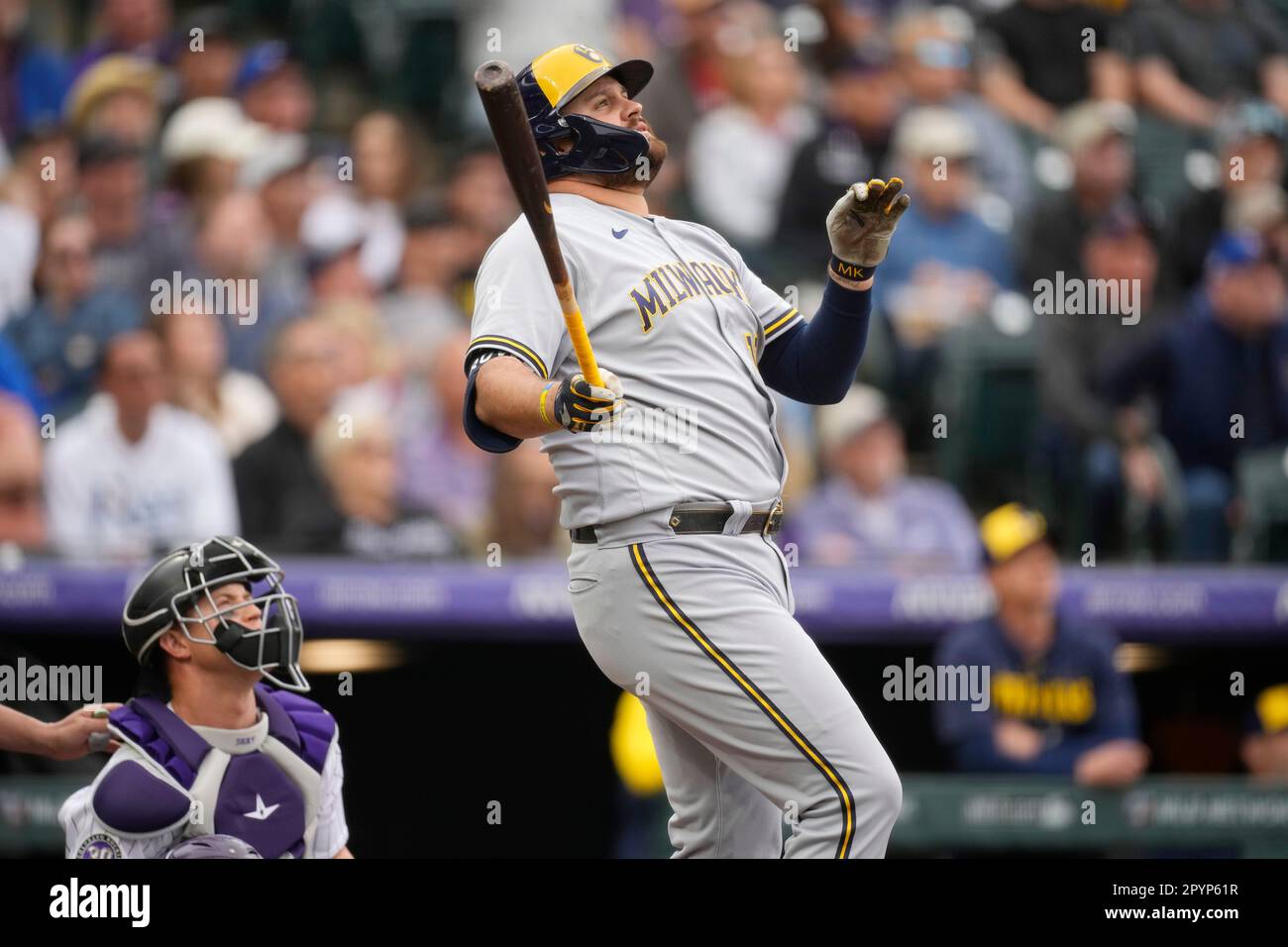 Milwaukee Brewers' Rowdy Tellez follows the flight of his solo home run ...