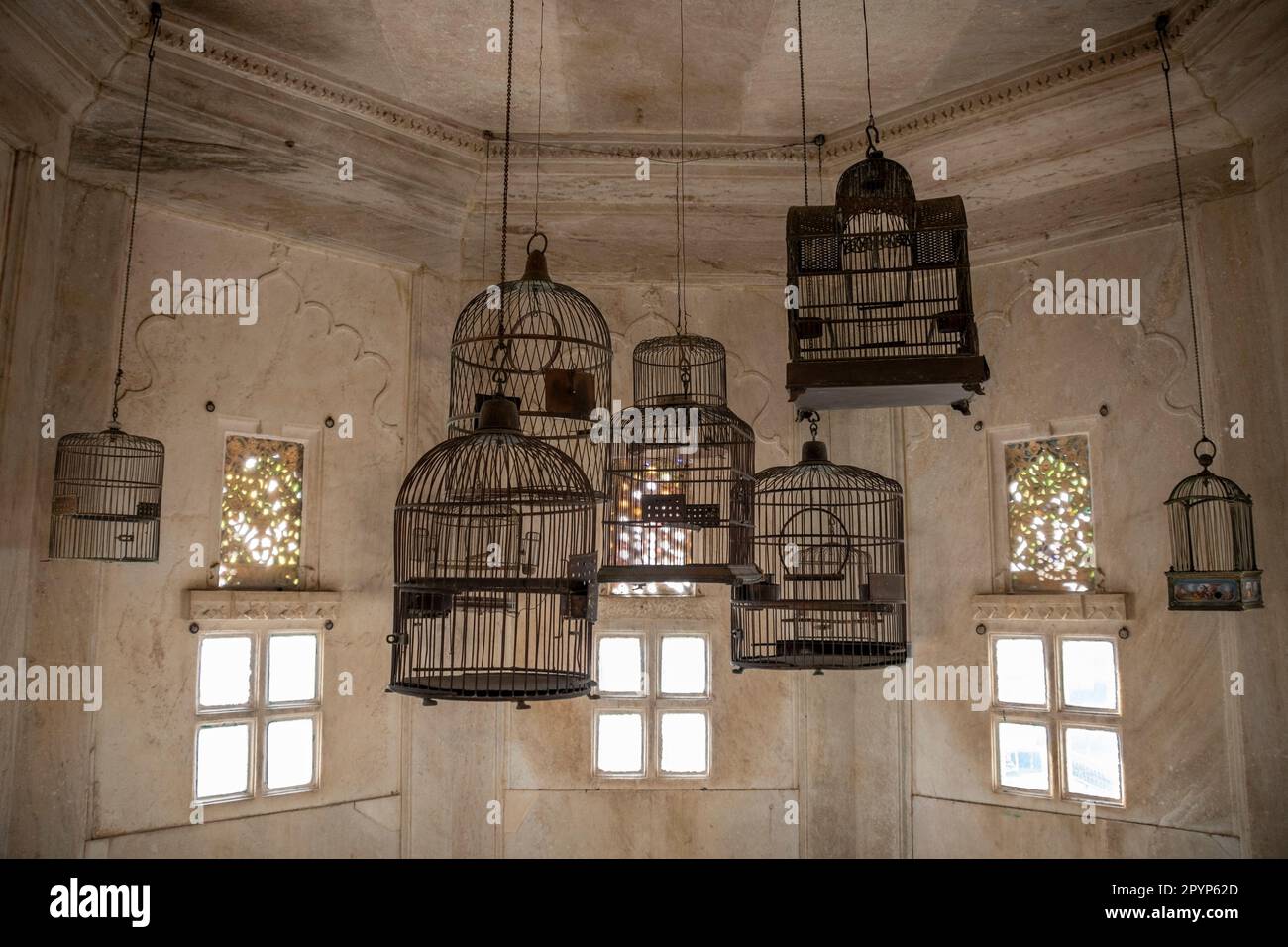 Bird cages on display at the City Palace, Udaipur, Rajasthan, India ...