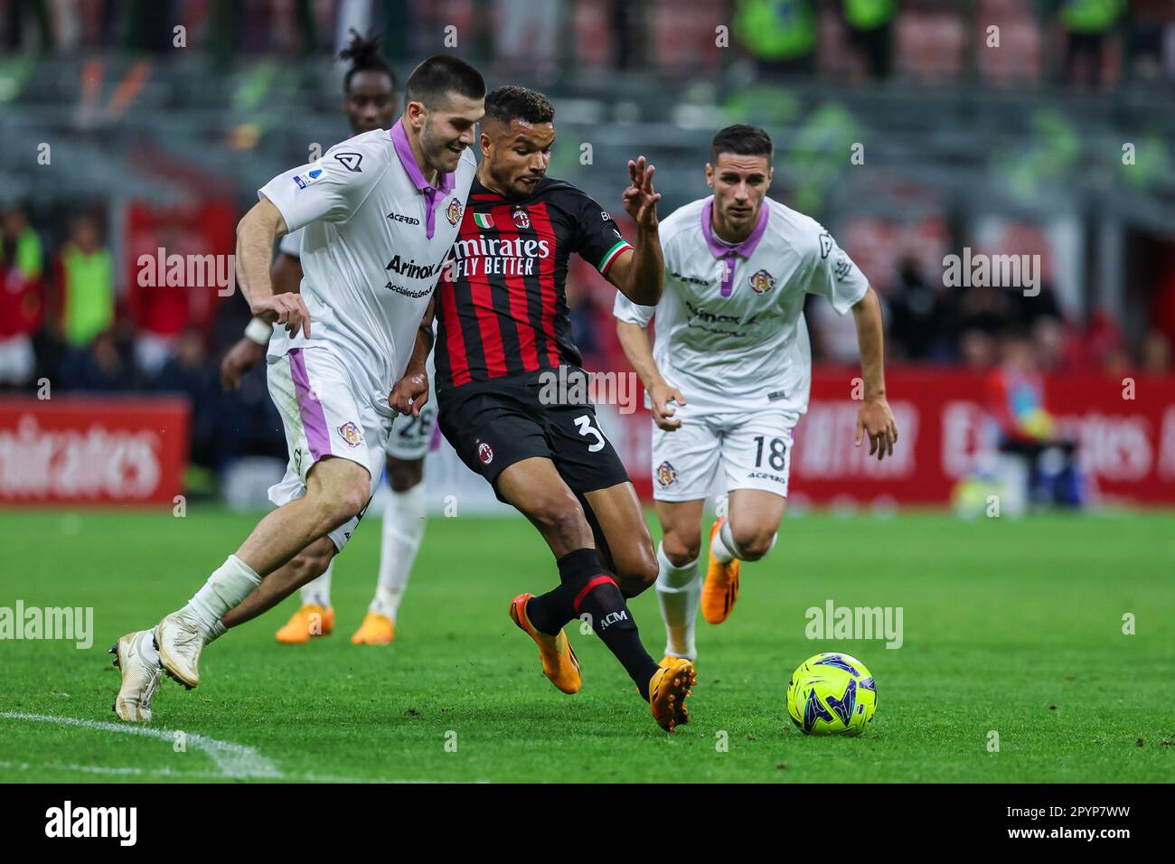 Milan, Italy. 03rd May, 2023. Junior Messias of AC Milan (C) competes ...