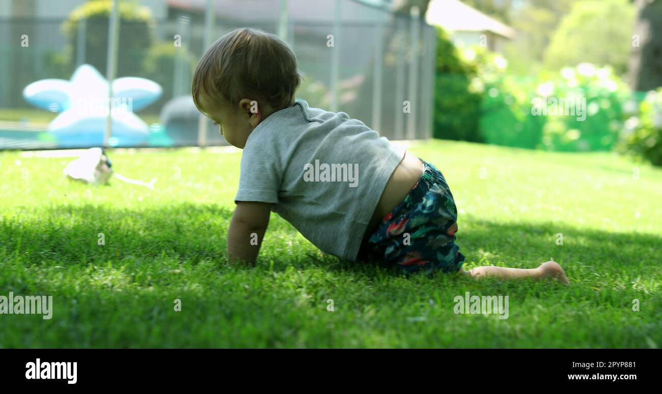 Cute baby crawling outside in home lawn Stock Photo - Alamy