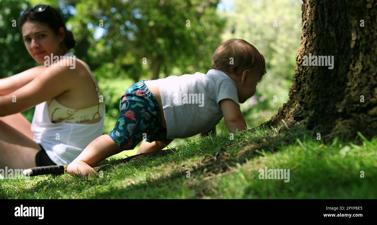 Cute baby discovering lawn. Adorable toddler infant exploring garden ...
