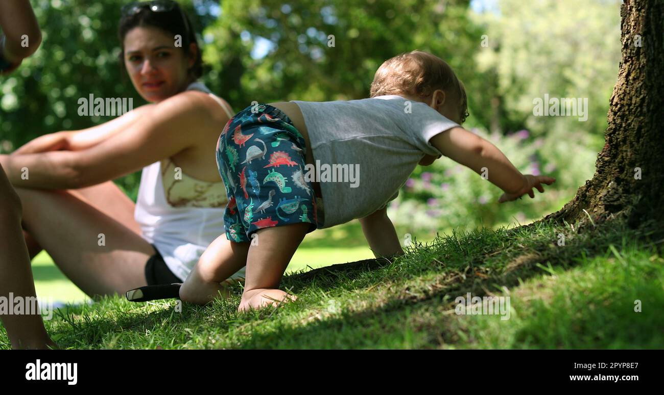 Cute baby discovering lawn. Adorable toddler infant exploring garden ...