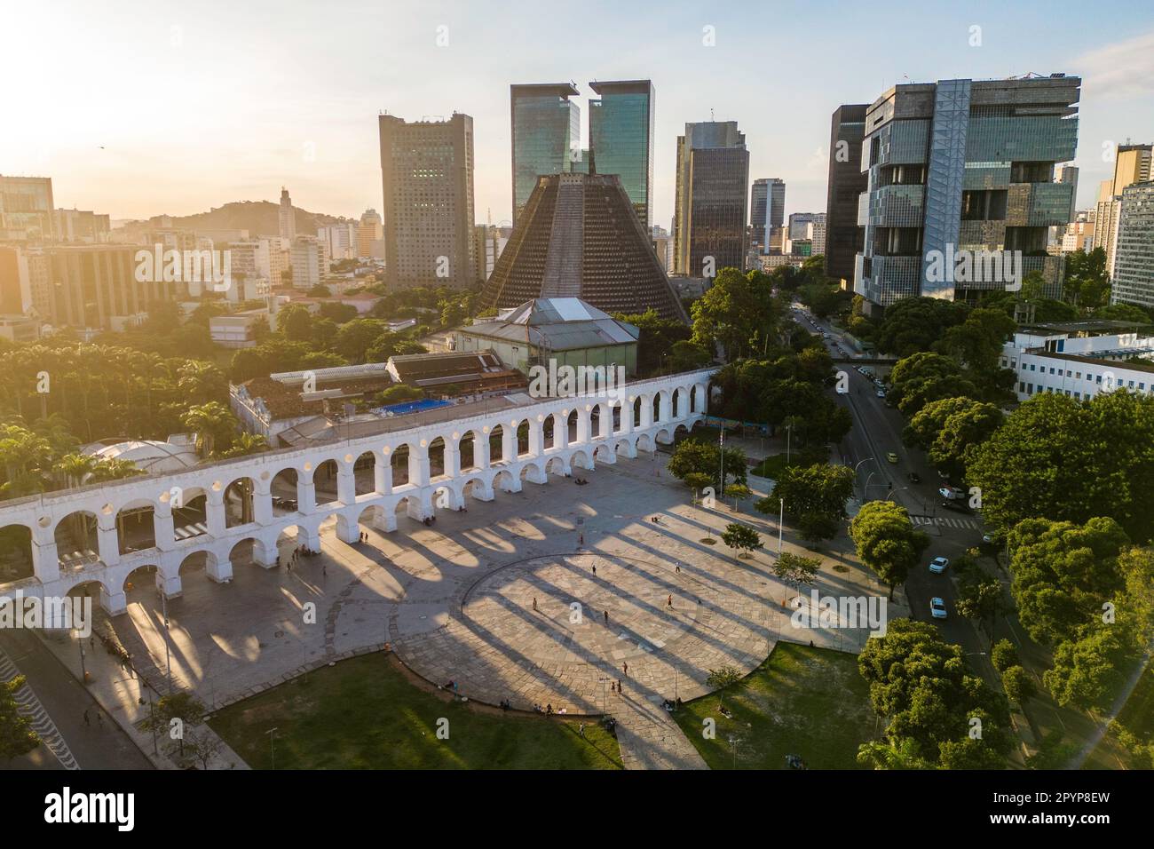 Aerial View of Lapa Aqueduct With City Downtown in Rio de Janeiro on ...