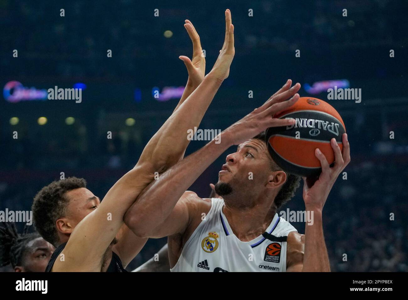 Real Madrid's Walter Tavares, right, tries to score as Partizan's Dante ...