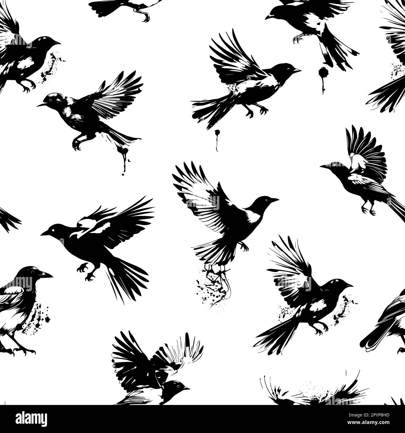Black and white seamless pattern with flying birds. flying magpies ...