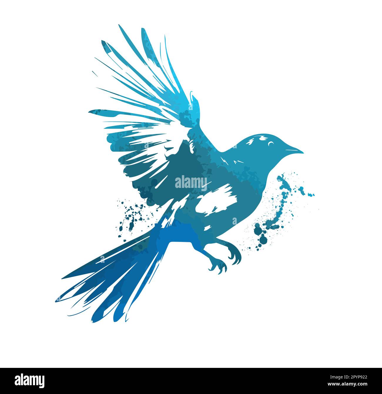 Abstract watercolor blue flying magpie. A beautiful bird in flight ...