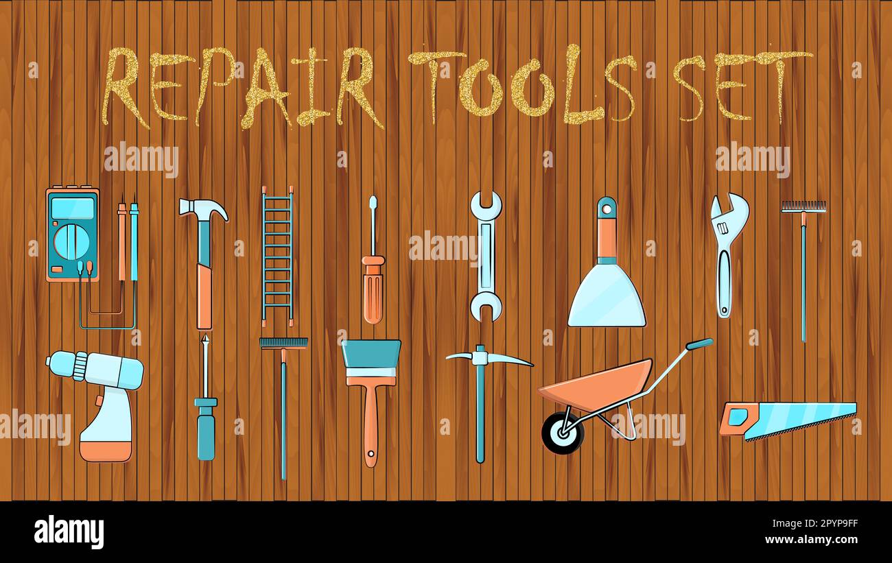 Set of icons of building plumbing garden tools: shovel saw hammer brush ...