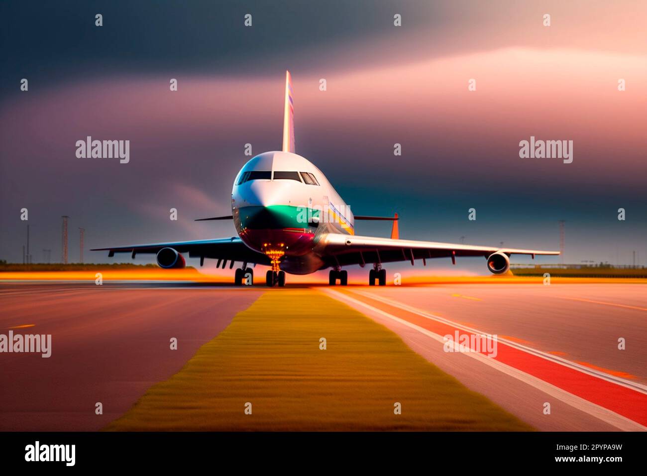 Plane is on the runway. Aerial view of airport Stock Photo - Alamy