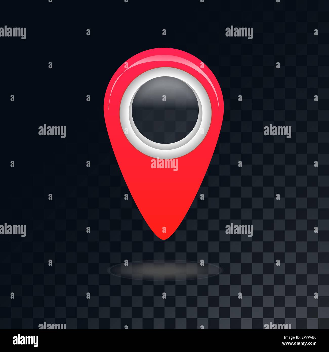 Red bright noticeable mark of geolocation on a translucent, dark ...