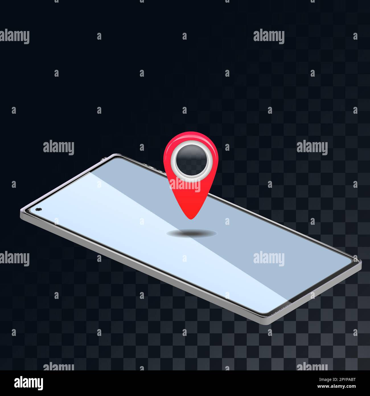 Red bright noticeable geolocation mark on a mobile isometric phone, smart on a gray gray ...