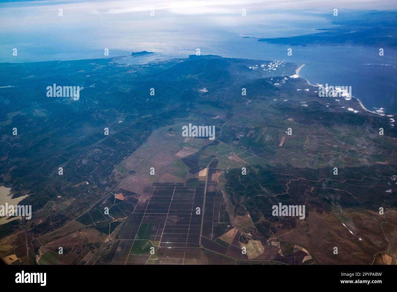 Aerial view of the Strait of Gibraltar, looking south toward Morocco ...