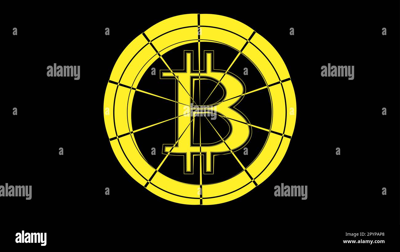 Abstract simple yellow bitcoin icon with cracks on a black background ...