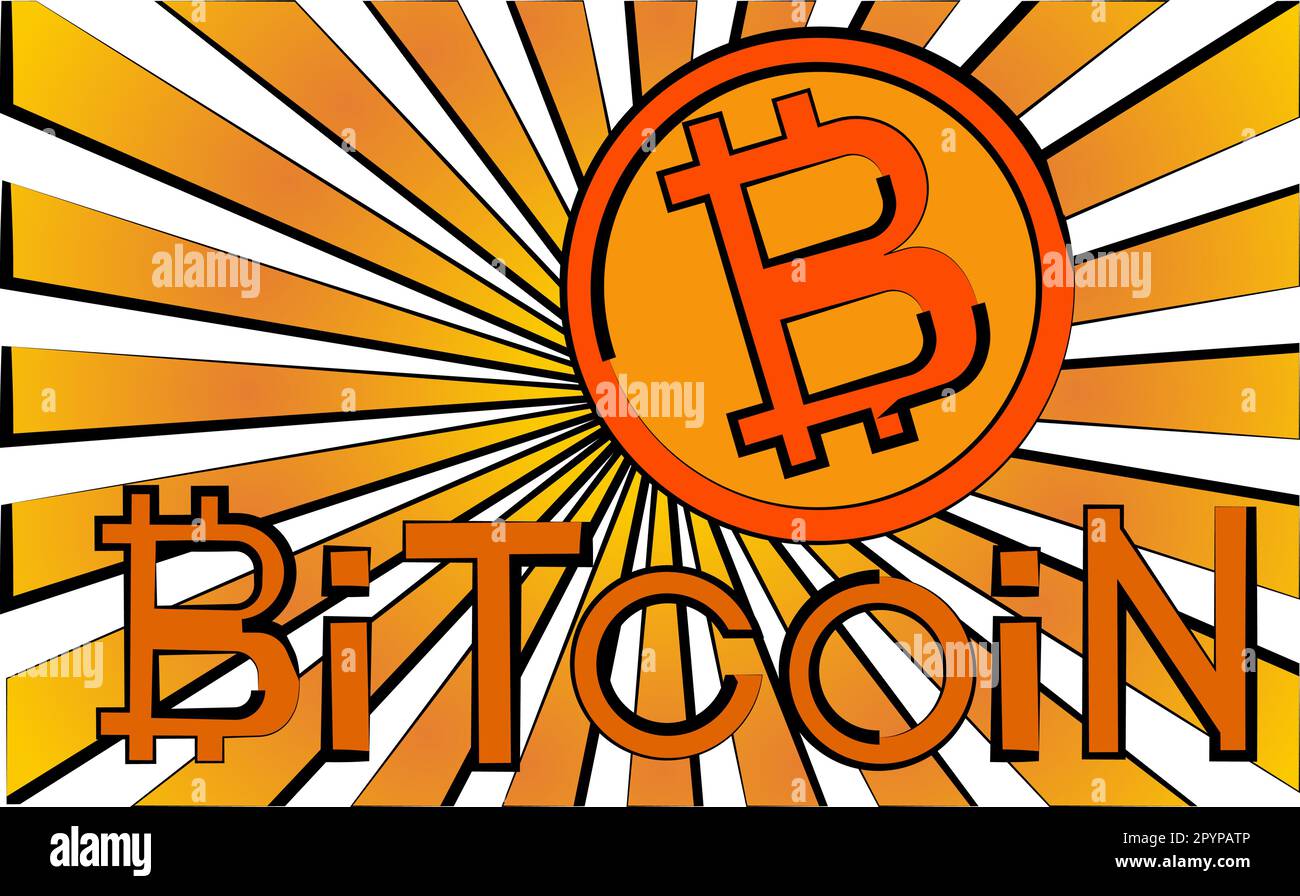 Yellow coin of bitcoin with black stroke on the background of orange ...