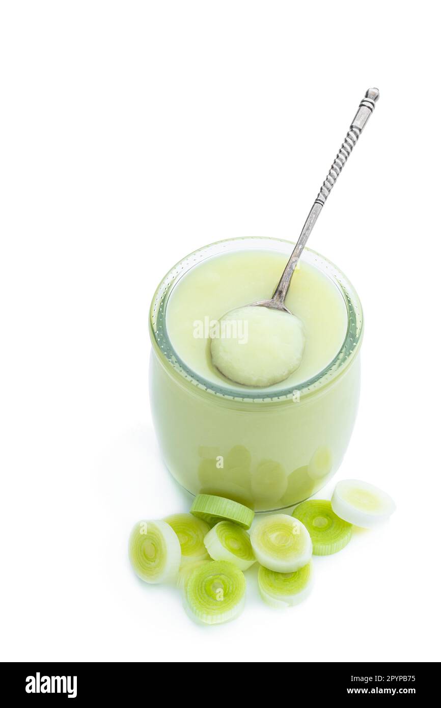 Vegetable leek puree in a glass jar isolated on white Stock Photo - Alamy