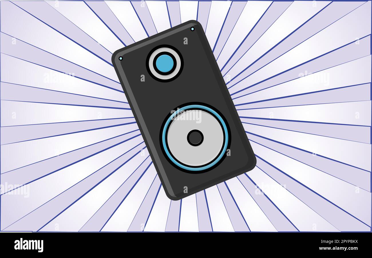 A large black music speaker on a background of abstract blue rays ...