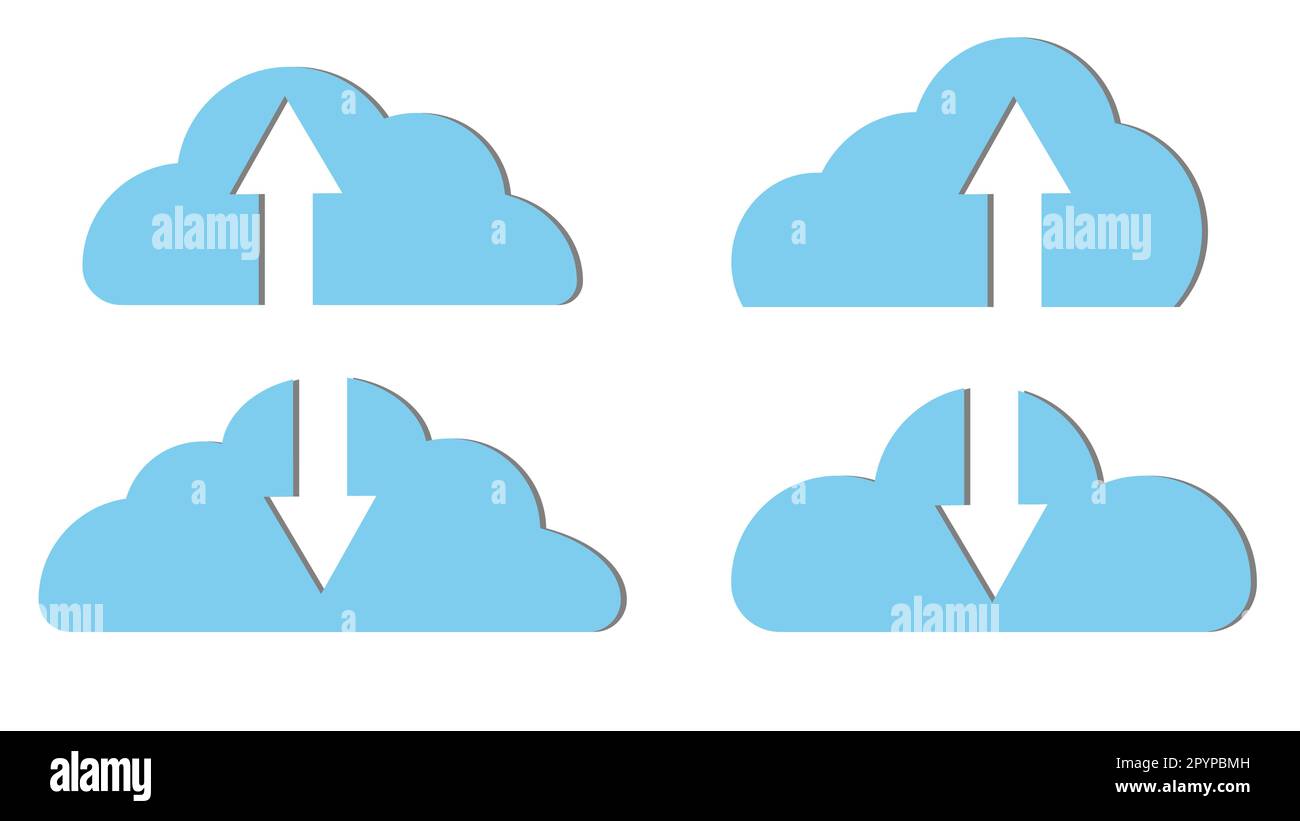 Set of four blue beautiful simple digital cloud icons with arrows ...