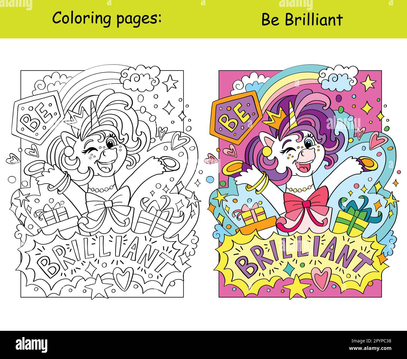 Cute joyful unicorn with gifts and lettering be brilliant. Cartoon ...