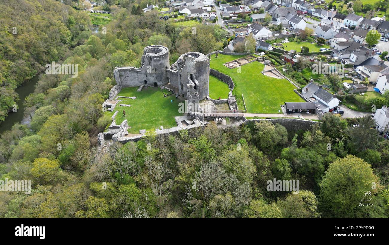 A bird's eye view of the historic Cilgerran Castle, surrounded by trees ...