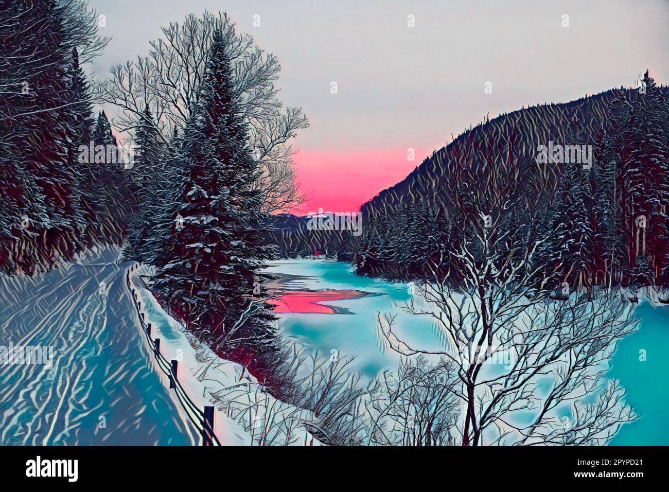 Illustration of an icy river and a snowy pathway through the Canadian ...