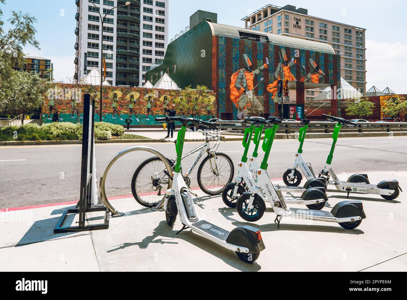 Los Angeles, California, USA - April 25, 2023. Metro bikes are parked ...