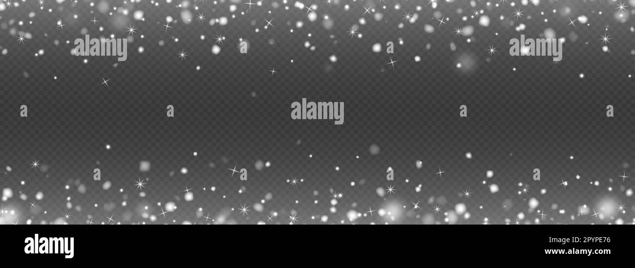 Falling snow in motion, white blurred snowflakes flying in the air ...