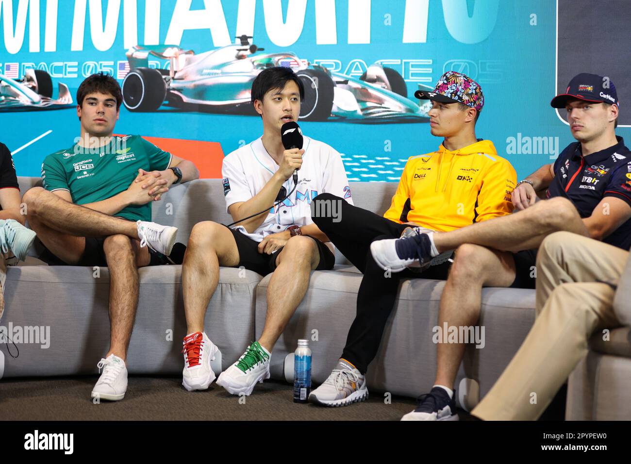 Miami, USA. 04th May, 2023. (L to R): Lance Stroll (CDN) Aston Martin F1 Team; Zhou Guanyu (CHN ...