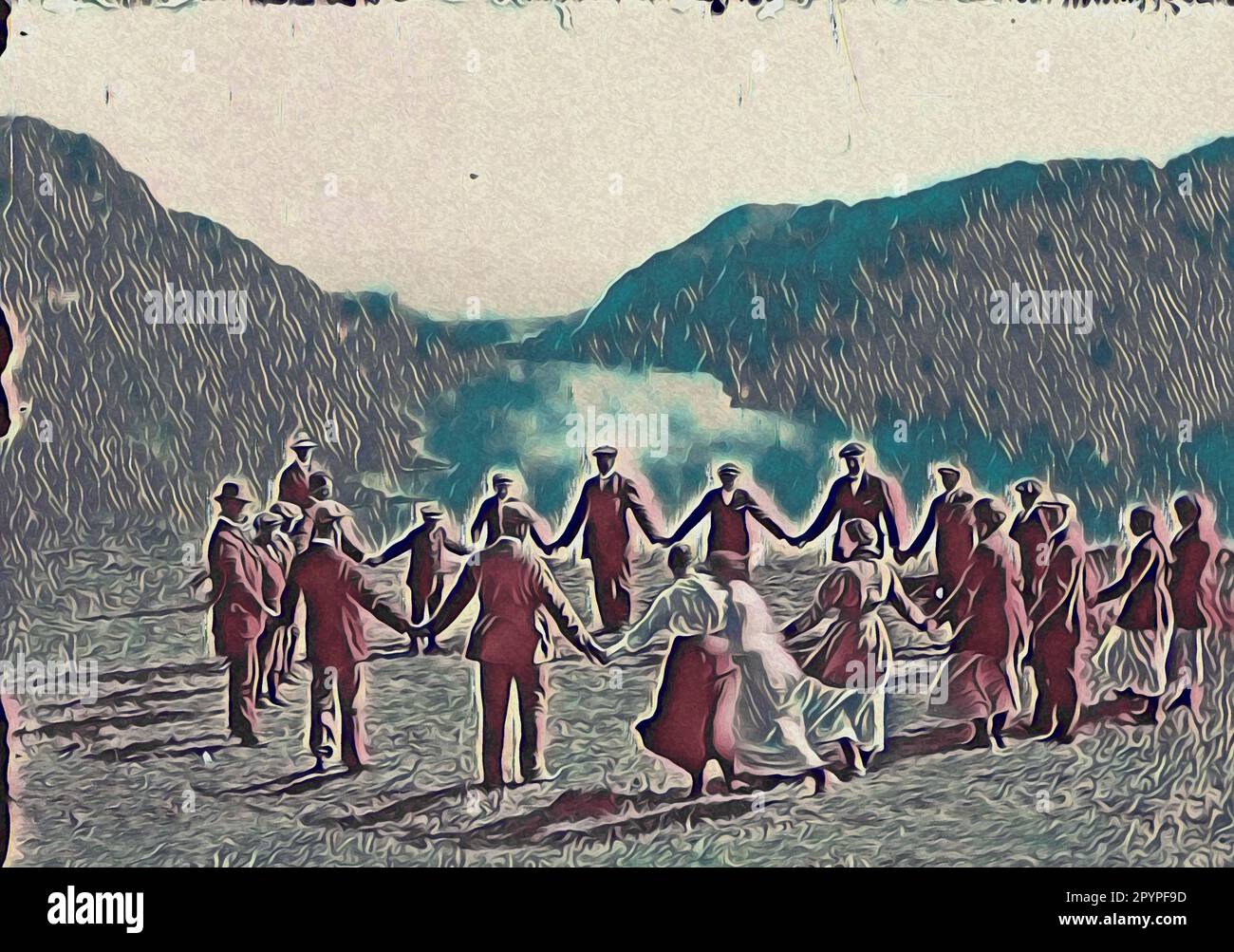 Norwegian folk dance in the mountains. Digitally generated from a 4x5 ...