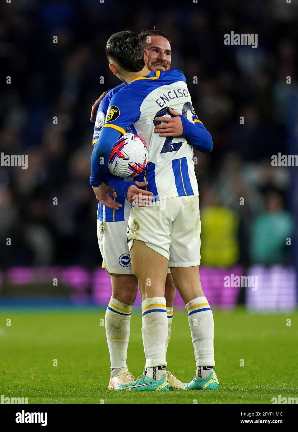 Brighton and Hove Albion's Julio Enciso (left) and Alexis Mac Allister celebrate the win after ...