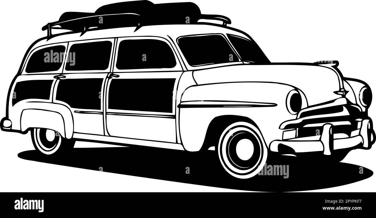 classic woodie car in black and white minimalist vector illustration ...