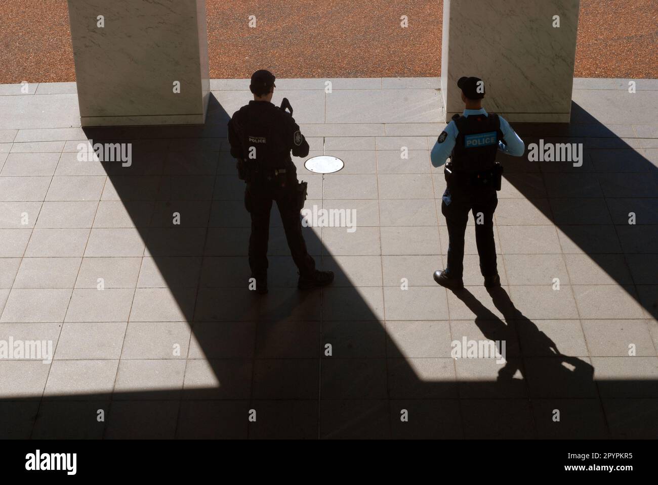 Armed police at entrance to Australia's Parliament House, Canberra, ACT ...