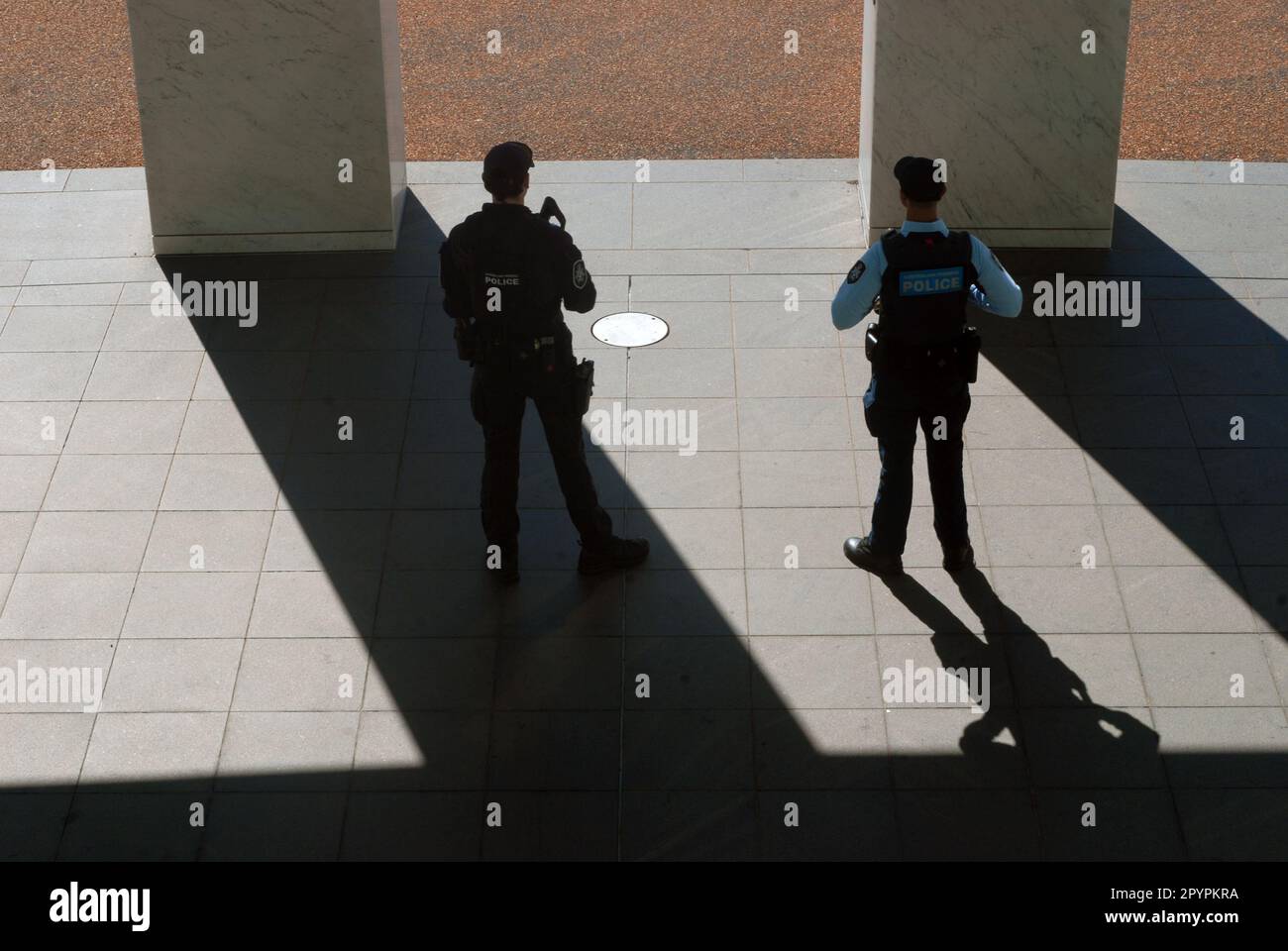 Armed police at entrance to Australia's Parliament House, Canberra, ACT ...