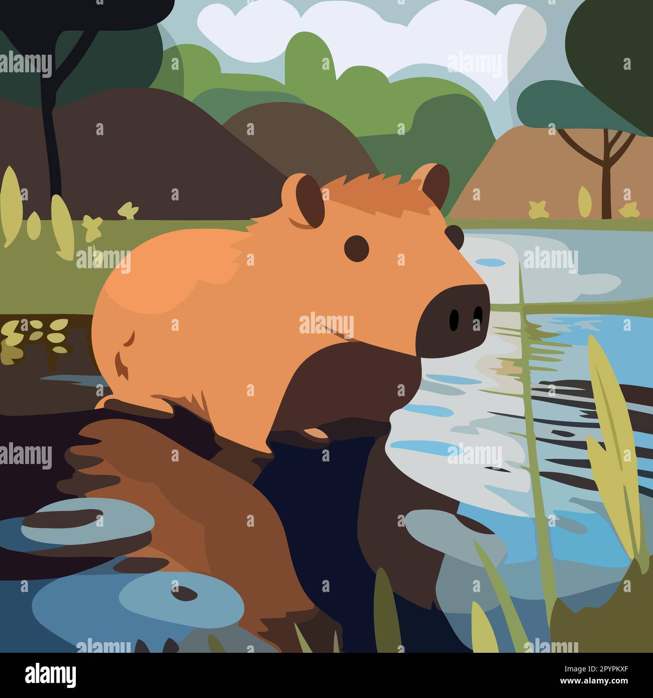capybara in water natural scenery minimalistic vector illustration ...