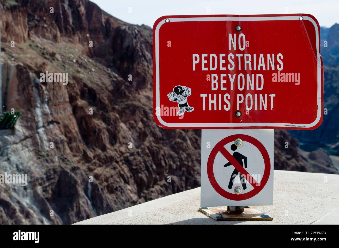 Nevada. Hoover dam. Humorous sign saying no pedestrians beyond this ...