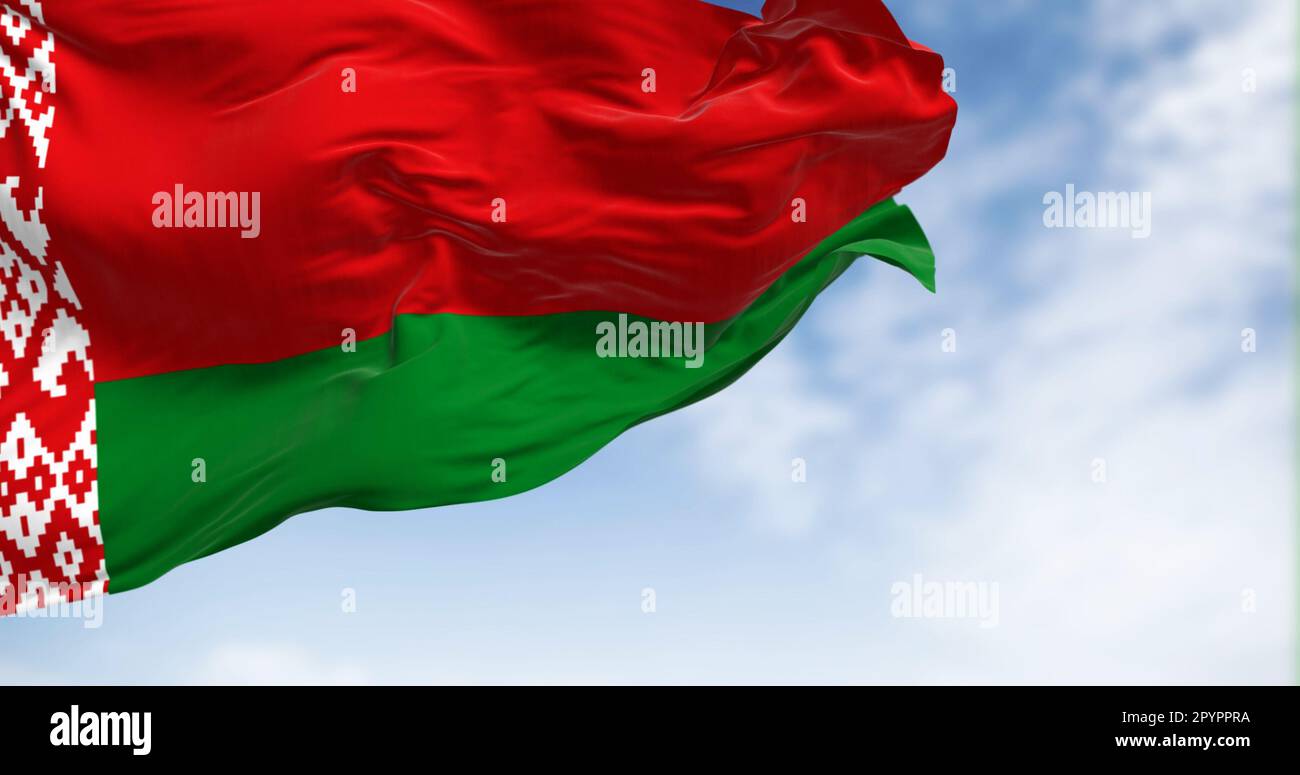 National flag of Belarus waving in the wind. Red and green flag with a ...