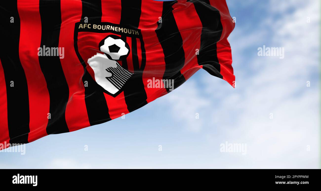 Bournemouth, UK, Oct. 2022: Detail of AFC Bournemouth flag waving. AFC ...
