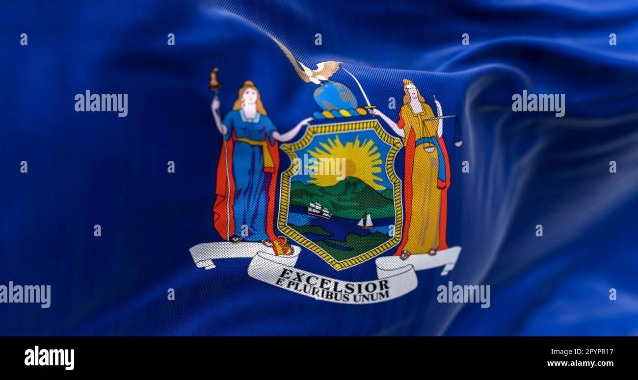 Detail of the New York State flag waving. Blue background with state ...