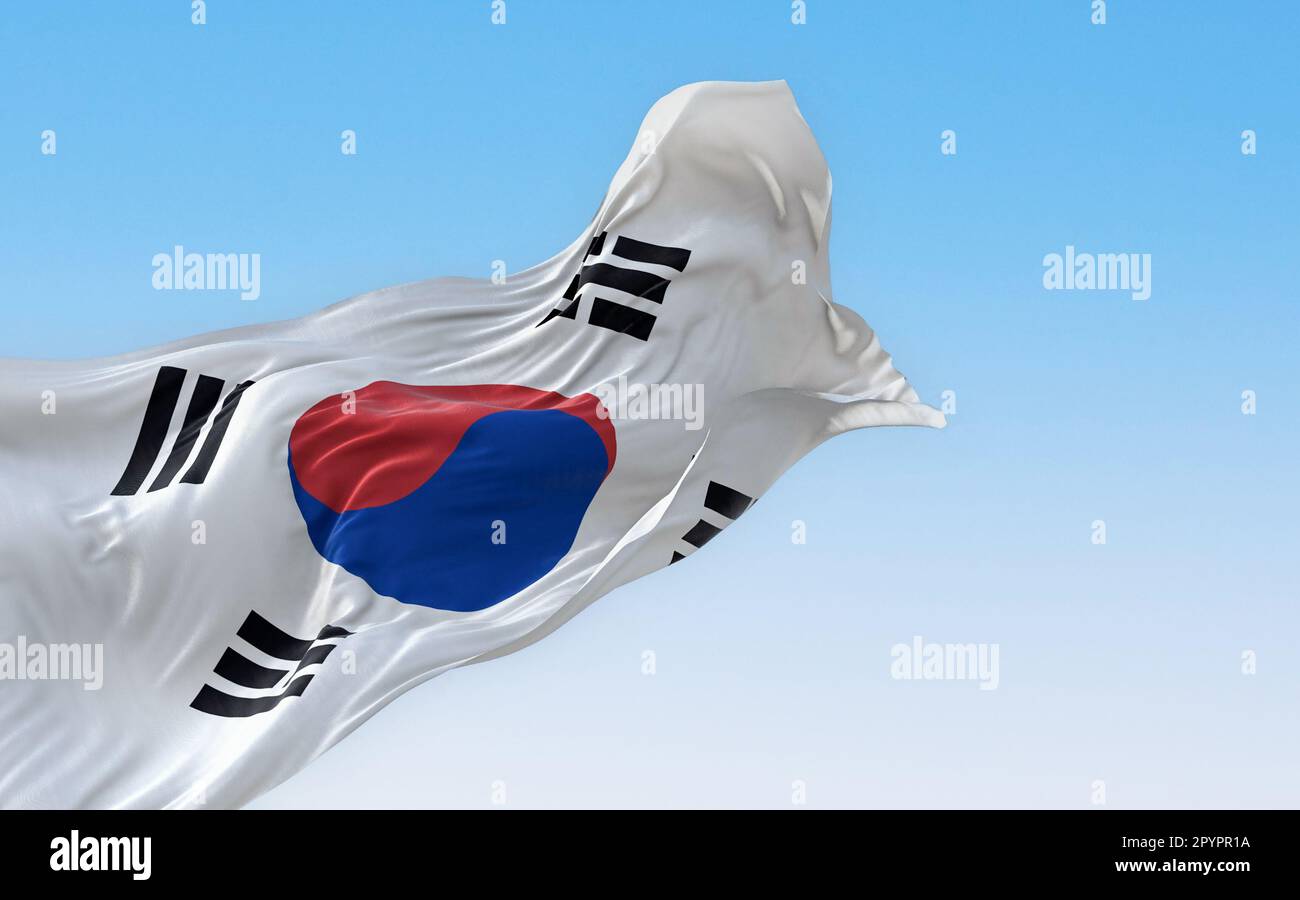 South Korea national flag waving on a clear day. The flag is a white ...