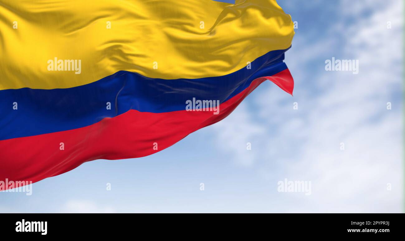 Colombia national flag waving in the wind on a clear day. Horizontal ...