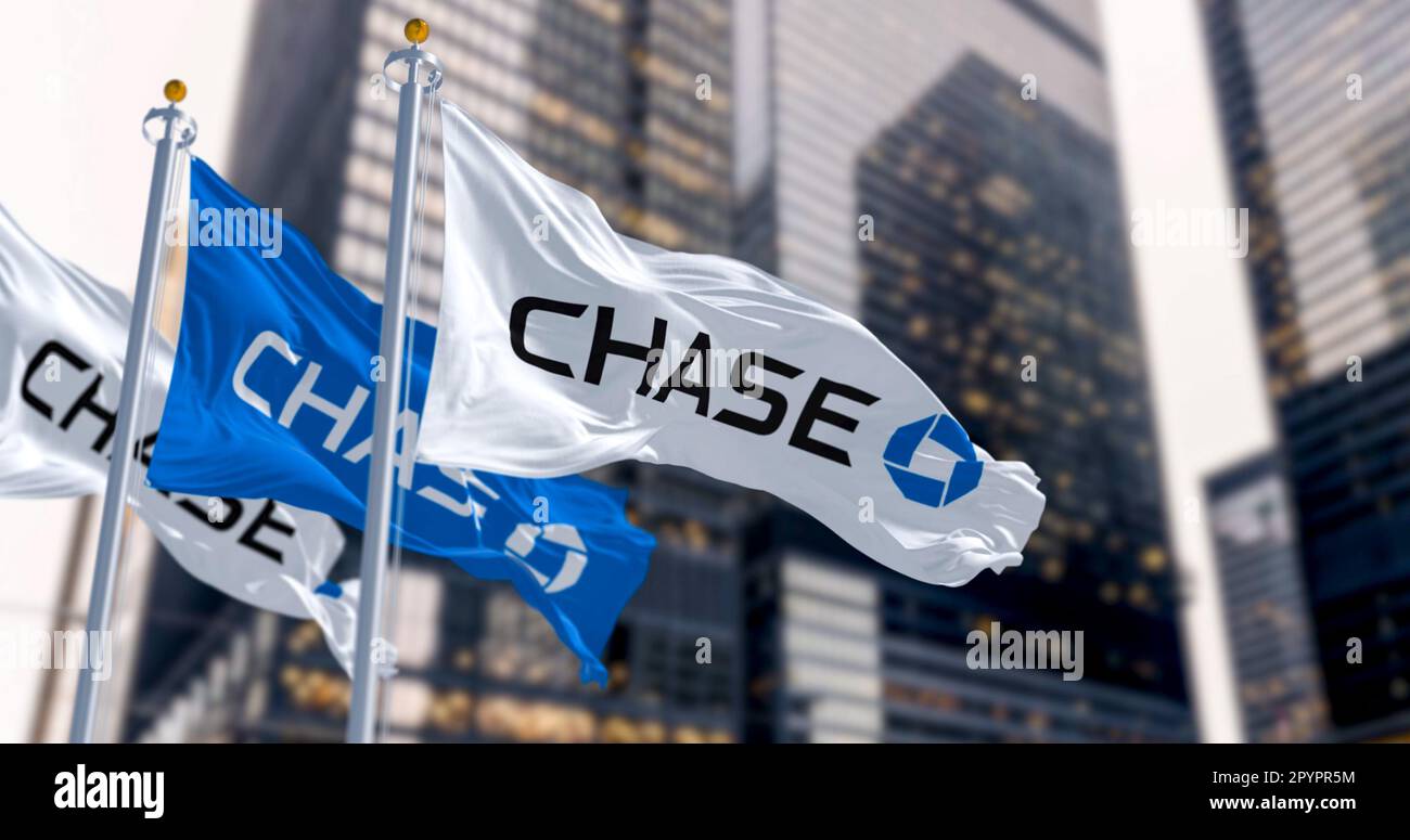 New York, US, March 2023: Flags of Chase Bank waving in the wind in a ...