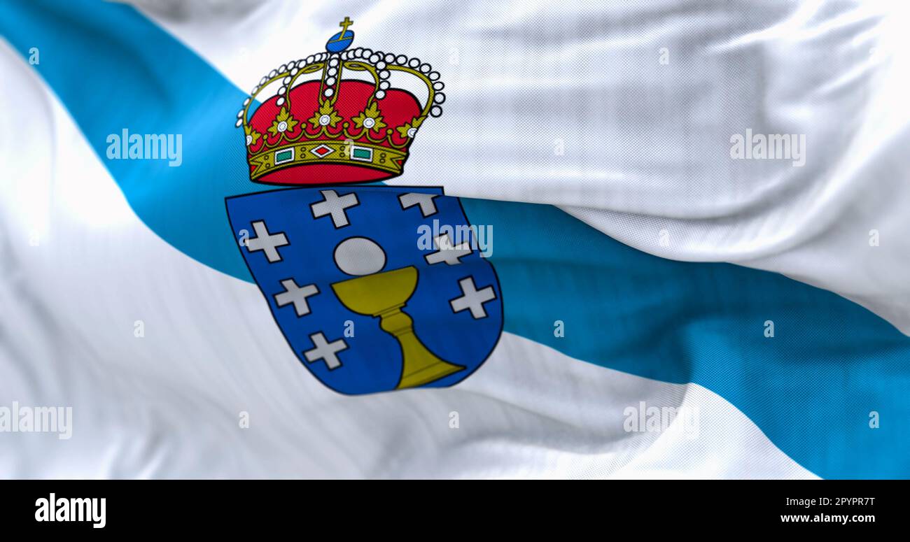 Detail of the Galicia flag waving. Autonomous community of Spain. White ...